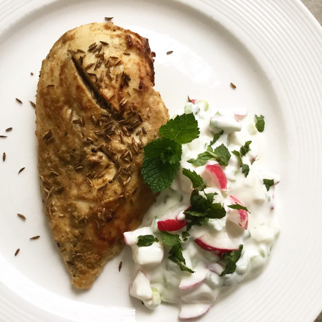 Cumin and Lemon Chicken with a Jewelled Quinoa Salad and Radish Raita ...